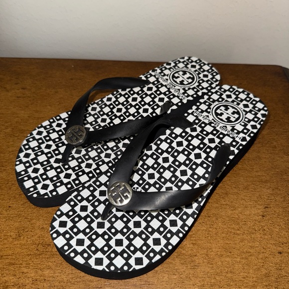 Tory Burch | Shoes | Tory Burch Black And White Wedge Flip Flops | Poshmark